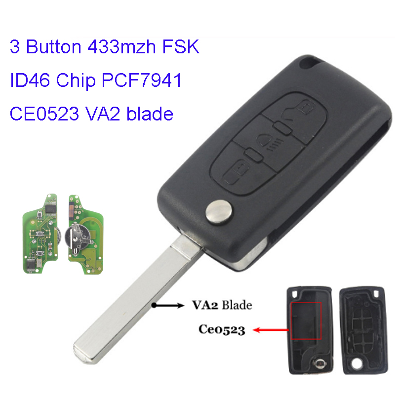 MK250003 3 Button 433Mhz FSK Flip Key Folding Key for C-itroen ID46 ...