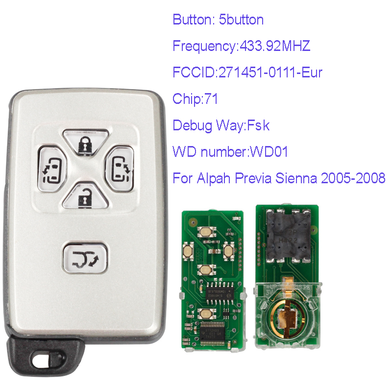 MK190092 5Button 433.92MHZ Smart Key for T-oyota Part Number 271451 ...