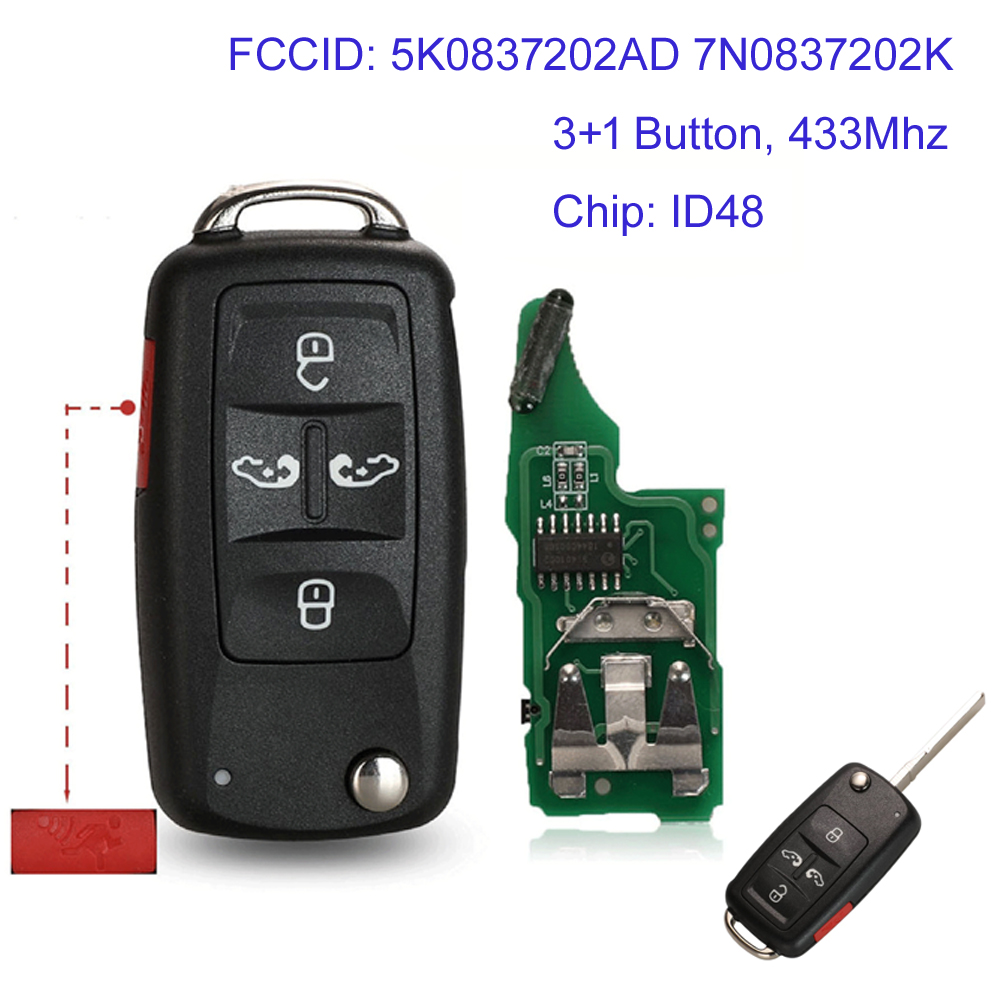 MK120142 5 Buttons 434Mhz ID48 Flip Key Fob For VW Sharan Multivan ...